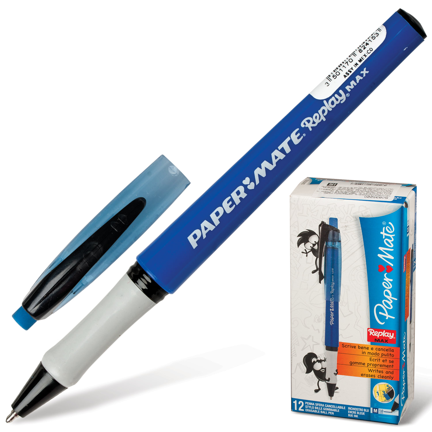 Ручка стираемая шариковая PAPER MATE "Replay Max", СИНЯЯ, корпус синий ...
